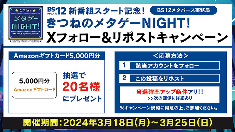 BS12新番組「きつねのメタゲーNIGHT！〜BS12メタバース情報局〜」4/7放送開始！ 人気配信者との番組コラボ企画やプレゼントキャンペーンも開催！